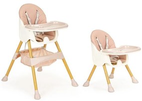 Vysoká židle na krmení 2v1 růžová s nohami v imitaci dřeva