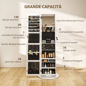HOMCOM 360° Rotující Šperkovnice se Zrcadlem, Šperkovnice se Zámkem, Celoplošné Zrcadlo se 3 Policemi na Zadní Straně a 2 Šuplíky, 55x55x161 cm, Bílá