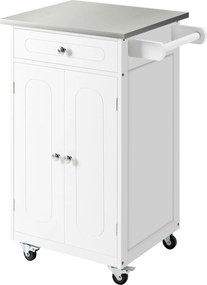 HOMCOM Bílý Kitchen Island Trolley z MDF a nerezové oceli s kolečky, víceúložný, 1 zásuvka, skříňka s 2 dveřmi a držákem na utěrku