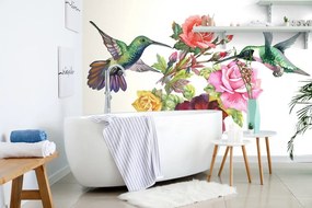 Samolepící tapeta kolibříky s květinami - 225x150 cm