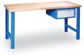 Dílenský pracovní stůl GD se závěsným boxem na nářadí, buková spárovka, 1 zásuvka, 1200 x 685 x 850 mm, modrá