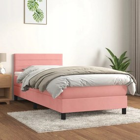 Box Spring Postel S Matrací Samet Růžová vodorovné pruhy 90 x 190 cm