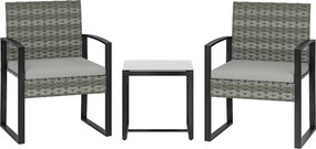 Ratanový bistro set, 3dílná sada zahradního nábytku se 2 zahradními židlemi, konferenčním stolkem, odnímatelnými polštáři, světle šedý