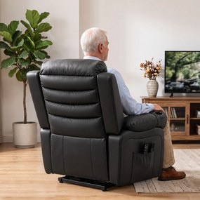 HOMCOM elektrické relaxační křeslo s funkcí vstávání, vibrační masáží a teplem, USB připojení, dálkové ovládání, černá