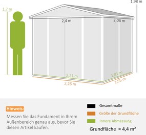 Outsunny Kovový zahradní kůlna, odolný vůči povětrnostním vlivům a nerezový, uzamykatelný, 2,40 x 2,06 x 1,98 m, tmavě šedý