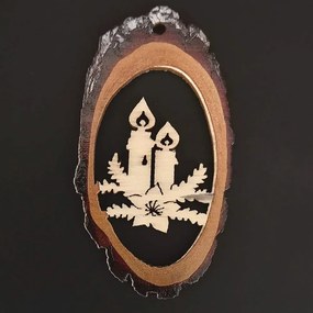 AMADEA Dřevěná ozdoba s potiskem kůry - ovál se svíčkami 6 cm