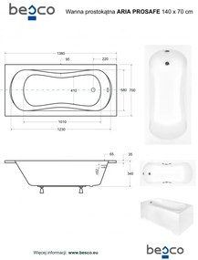 BESCO Obdélníková vana ARIA PROSAFE Nožičky k vaně - Bez nožiček, Rozměr vany - 140 × 70 cm VANARIA140PROS