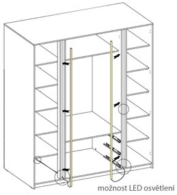 Šatní skříň KAJA 2LAM 2LU 3S | 200 cm | se zrcadly | VYSOKÁ | černá/evoke + lamely