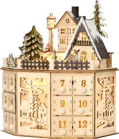 HOMCOM Adventní kalendář, box na adventní kalendář, vánoční dekorace, LED světla, 24 zásuvek, přírodní