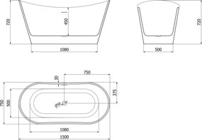 Mexen Montana, volně stojící vana 150 x 75 cm, bílá, zlatý matný přepad, 52011507500-55