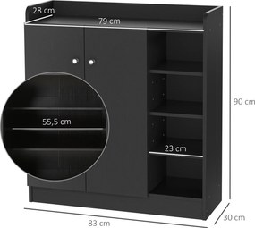 HOMCOM Úzký botník se dvěma dveřmi a nastavitelnými policemi pro 12 párů bot do předsíně 83x30x90 cm Černý