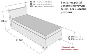 NEW DESIGN postele Postel boxspring VENETO bez úložného prostoru s hlavovým čelem, 100×200 cm Velikost postele: 100 × 200 cm