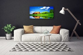 Obraz na plátně Dům Jezero Tráva Příroda 140x70 cm