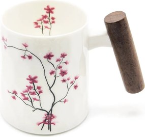 Porcelánový hrnek s dřevěnou rukojetí Sakura, 400 ml – bílý, s motivem sakury a vlnkovým reliéfem