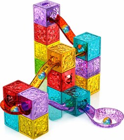 LEAN Toys Magnetické stavebnicové kostky – kostky, kuličková dráha, barevné, 28 ks.
