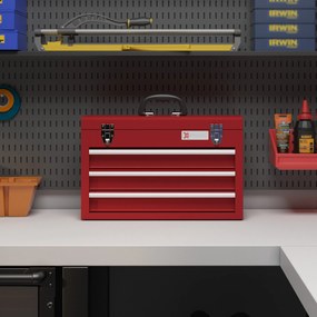 DURHAND box na nářadí prázdný 51x22x32cm se 3 zásuvkami a horní přihrádkou, rukojetí a zámkem, robustní ocelový box na nářadí v červené barvě | Aosom…