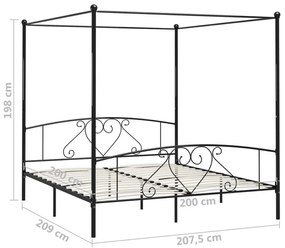 Petromila Rám postele s nebesy černý kovový 200 x 200 cm