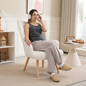 HOMCOM Boucle Fabric Lounge Chair, Moderní Čalouněné Křeslo s Dřevěnými Nohami, Ergonomický Křídlatý Design s Knoflíkovým Prošíváním | Aosom
