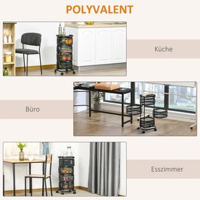 HOMCOM Servírovací vozík se 4 drátěnými koši, horní policí a otočnými kolečky, ocel a PP plast, 33x33x77cm, černý
