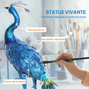 Socha pávu z kovu Outsunny, venkovní zahradní dekorace, odolná vůči povětrnostním vlivům, pro zahrady, terasy, 83 cm, vícebarevná