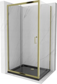 Mexen Apia sprchový kout s posuvnými dveřmi 90 (dveře) x 80 (stěna) cm, 5mm čiré sklo, zlatý profil + černá sprchová vanička SLIM, 840-090-080-50-00-4070G