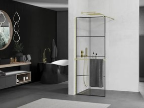 Mexen Kioto+, sprchová zástěna Walk-In s poličkou a věšákem 90 x 200 cm, 8mm čiré sklo černý vzor, ​​zlatý matný profil, 800-090-121-55-77