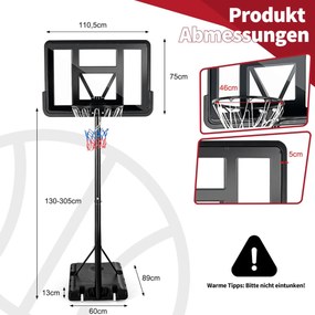 Costway Basketbalový stojan 130–305 cm se sítí a 2 koly, výškově nastavitelná