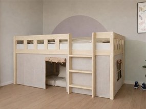 Benlemi Nízká vyvýšená postel PLOTTY s žebříkem 90x200 cm Zvolte barvu: Bílá, Zvolte stranu: Vpravo, Zvolte variantu: Se závěsem