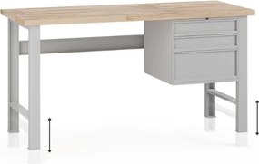 Výškově nastavitelný dílenský stůl G7, buková spárovka, 1700 x 800 x 840-1040 mm, 1x kontejner, 3 zásuvky, šedá
