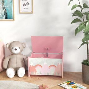 ZONEKIZ Úložný box s úložným prostorem, box na hračky s bezpečnostním závěsem víka, design roztomilých zvířátek, 60 x 37 x 39 cm, růžová barva