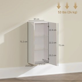 HOMCOM nástěnná koupelnová skříňka, bezúchytové dveře, 2 nastavitelné police z tvrzeného skla, 30 × 23,4 × 71,2 cm, lesklá bílá