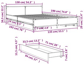 Rám postele se zásuvkami šedý sonoma 135 x 190 cm kompozit