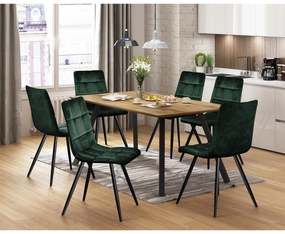 Jídelní stůl BERGEN dub + 6 židlí BERGEN zelený samet