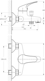 Bruckner, HOFFER nástěnná vanová baterie, rozteč 150mm, chrom, 424.010.1