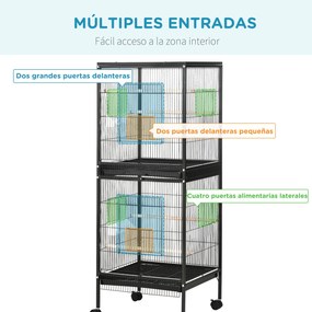 Ptačí klec PawHut na kolečkách Velká dvoupatrová voliéra s vyjímatelnými zásobníky, krmítky a bidly pro kanáry aandnbsp;and budgie 51.5x50x140 cm Čer…