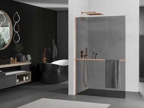 Mexen Kioto+ L, sprchová zástěna Walk-In s poličkou a věšákem 110 x 200 cm, 8mm šedé sklo, měděný matný profil, 800-110-123-65-40