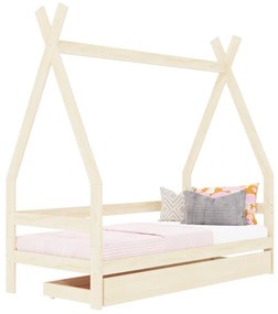 Benlemi Dětská dřevěná postel SAFE 5v1 ve tvaru teepee se zábranou a úložným šuplíkem Zvolte barvu: Námořnická modrá, Zvolte rozměr: 90x190 cm, Zvolte zábranu: Se dvěma zábranami