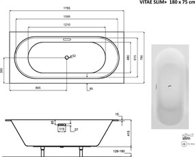 Besco Vitae Slim+ obdélníková vana akrylátová 180 x 80 cm sifon zlatá barva bílá VANVIT18SLIMPLZ Koupelny Bernold