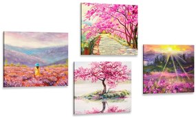 Set obrazů nádherná imitace olejomalby v růžové barvě - 4x 40x40 cm