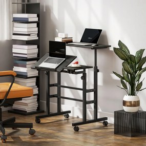 HOMCOM sedací‑stojací stůl výškově nastavitelný 70 x 60 cm na kolečkách s naklápěcí deskou, černý kovový rám