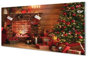 Obraz na skle Ozdoby na vánoční stromeček dárky ohniště 120x60 cm