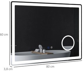 kleankin LED koupelnové zrcadlo Koupelnové zrcadlo s 3x zvětšením a dotykovou funkcí, 80x60 cm, 3 barvy světla, bez mlhy| Aosom