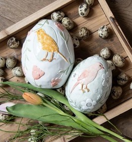 Dekorace bílé vajíčko s květy a ptáčkem - Ø 13*16 cm