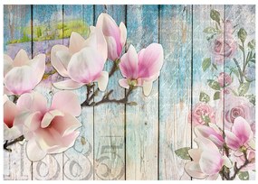 Fototapeta - Pink Flowers on Wood