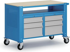 Pojízdný dílenský stůl G9, 1 police, 6 zásuvek, 1180 x 595 x 865-1130 mm, šedá/modrá