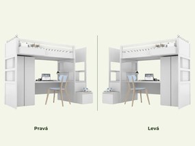 Bílá vyvýšená postel SIMONE s úložnými schody, skříní, psacím stolem a policí 90x200 cm Zvolte stranu: Vlevo