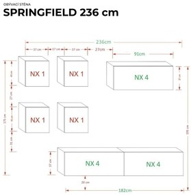 Ral Obývací stěna SPRINGFIELD 10, 236 cm - Bílo/černý lesk