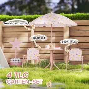Dětský zahradní set AIYAPLAY - 4dílný stůl a židle s nastavovatelným slunečníkem v designu duhy