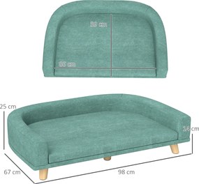 Pohovka pro psy PawHut Pohodlná pohovka s polštářem pro velké psy, zvýšená konstrukce s dřevěnými nohami, zelená 98x67x25cm | Aosom.de
