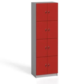 Dřevěná šatní skříňka s úložnými boxy, 8 boxů, 2x4, šedá / červené